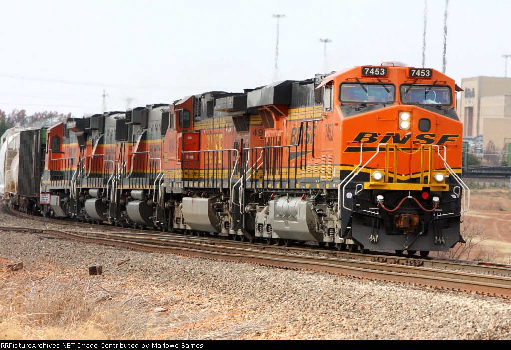BNSF 7453 leads the Tulsa-OKC train on to the GM Spur
